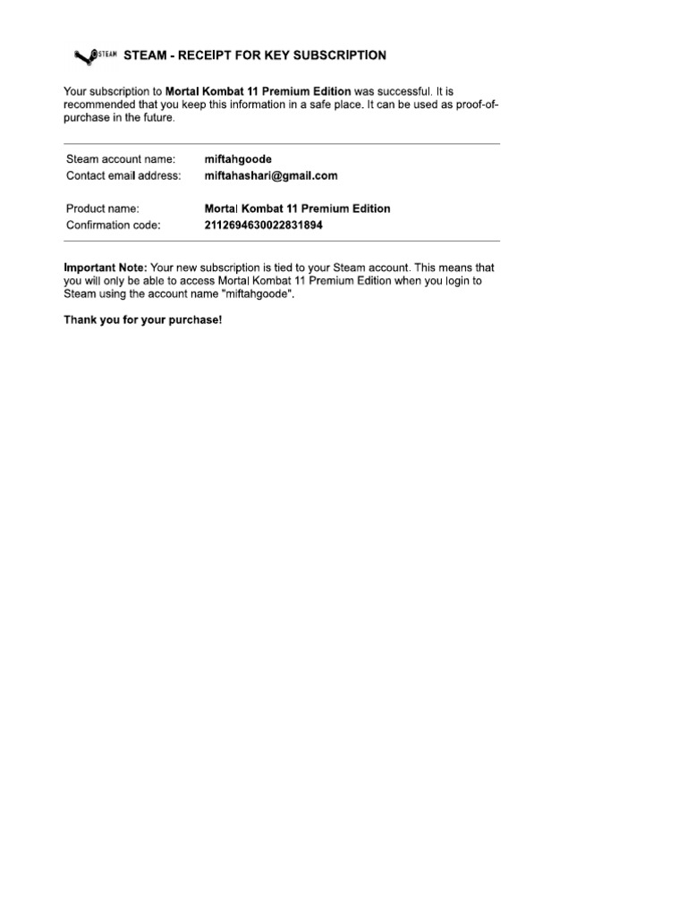 STEAM - Receipt For Your Key Subscription | PDF