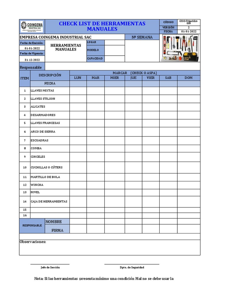 Anexo 9 - Check List de Herramientas Manuales | PDF