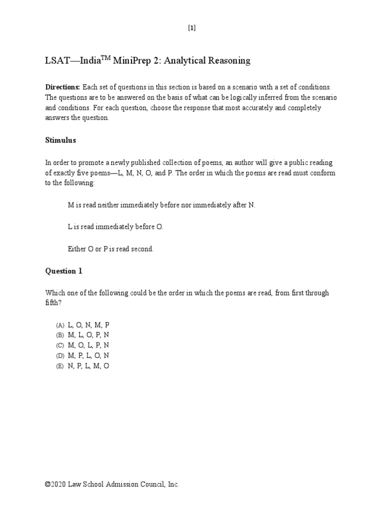 Lsat-India Miniprep 2: Analytical Reasoning: Stimulus | PDF | Logic | Cognition