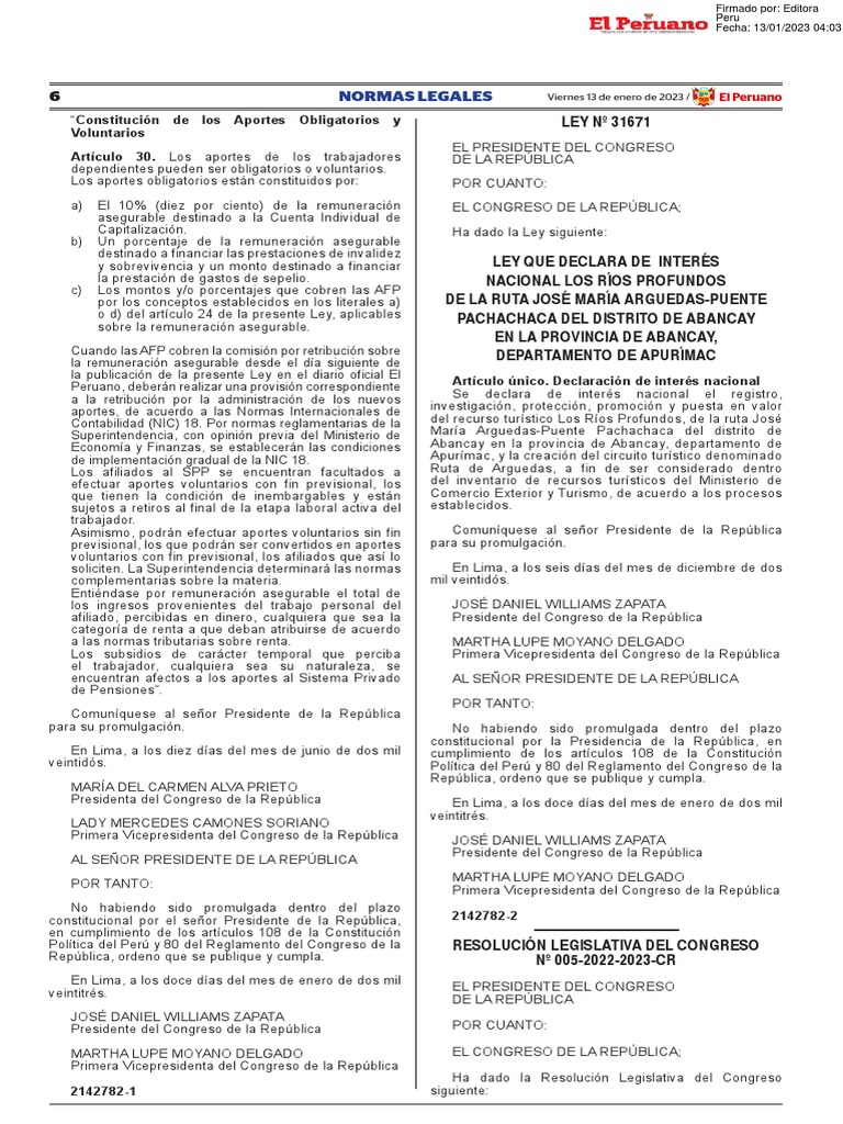 Ley #31671, Rios Profundos, Apurimac (13.01.2023) | PDF | Perú | Salario