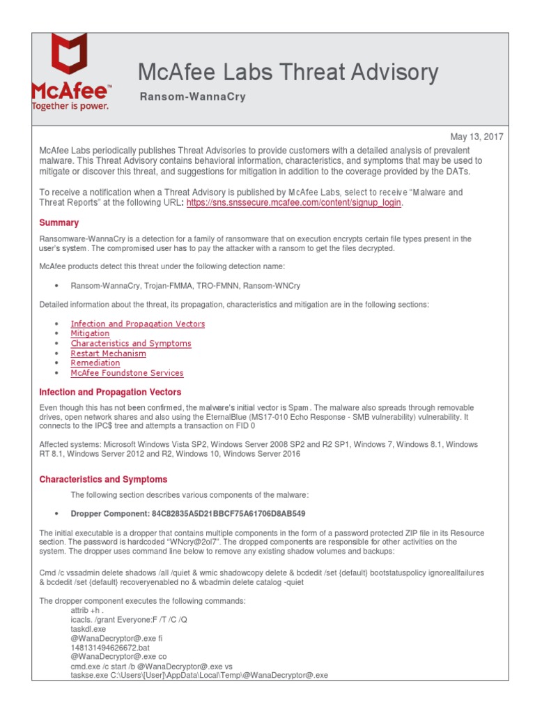 McAfee Labs Threat Advisory - Ransom-WanaCry | PDF | Antivirus Software | Malware