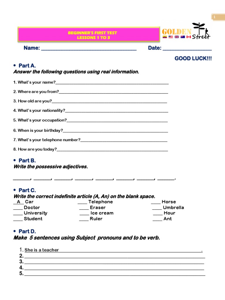 BEGINNER Test 1-3 | PDF | Plural | Verb