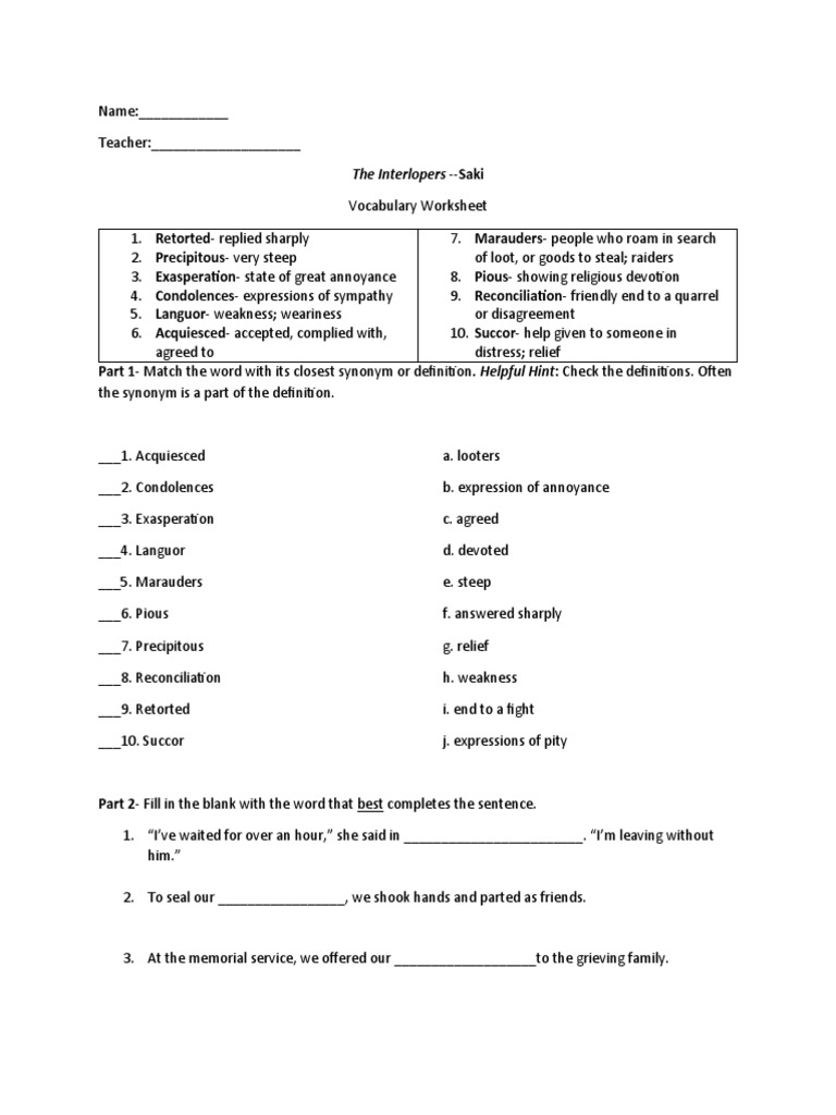Vocabulary and Themes in "The Interlopers" | PDF