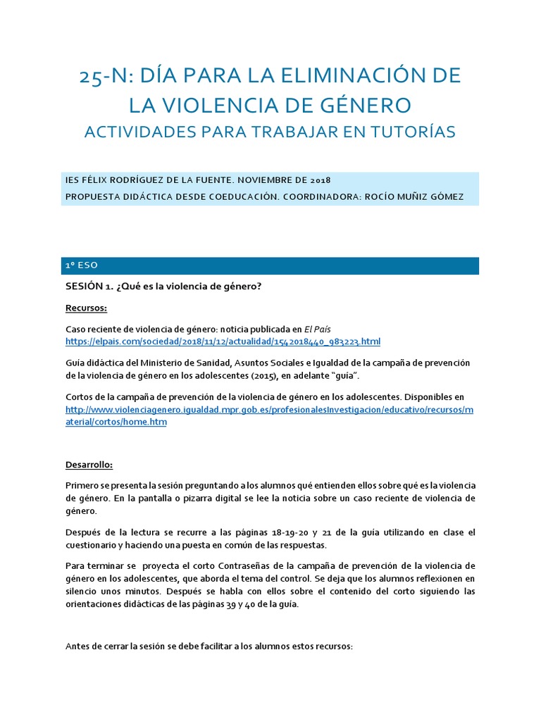 Actividades para Trabajar La Violencia de Género en Tutorías (Noviembre ...