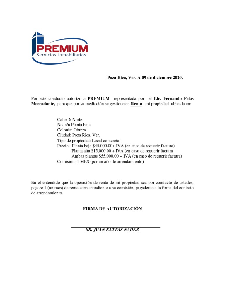 Carta Opcion RENTA LOCAL CALLE 6 OBRERA | PDF