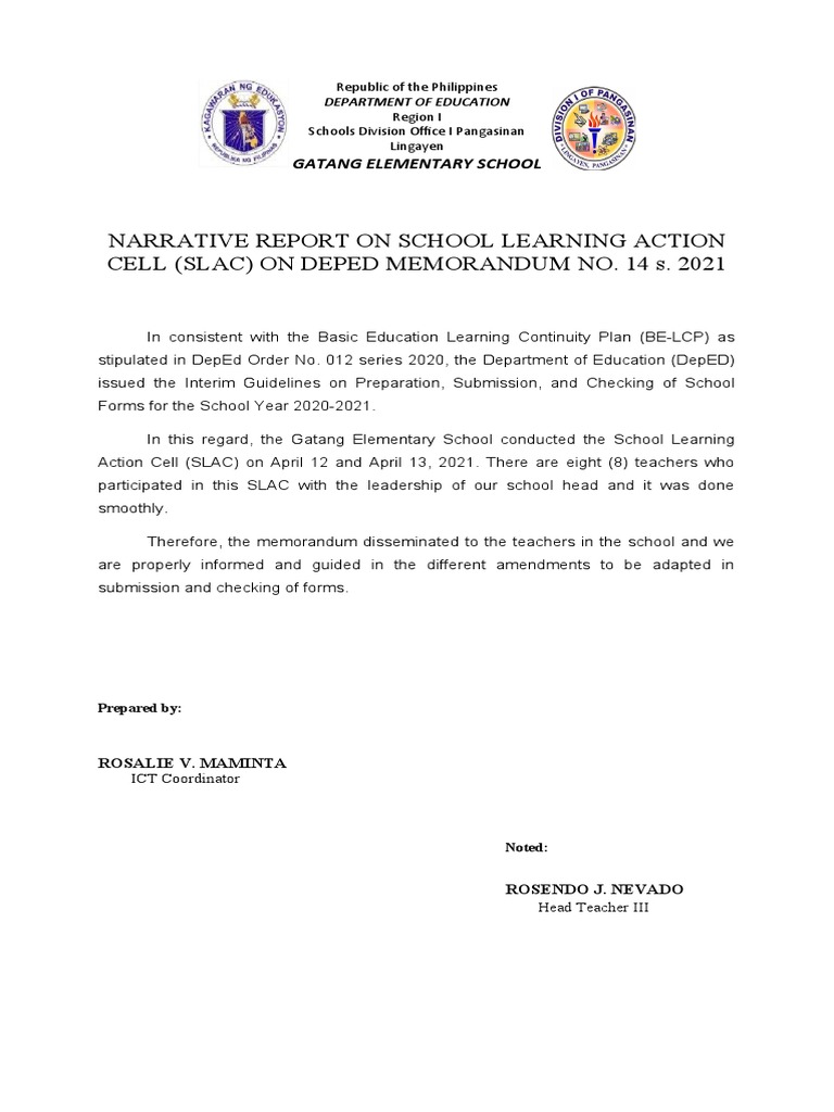 GATANG ES Narrative Report ON SLAC DEPED ORDER NO 14 SERIES 2021 | PDF