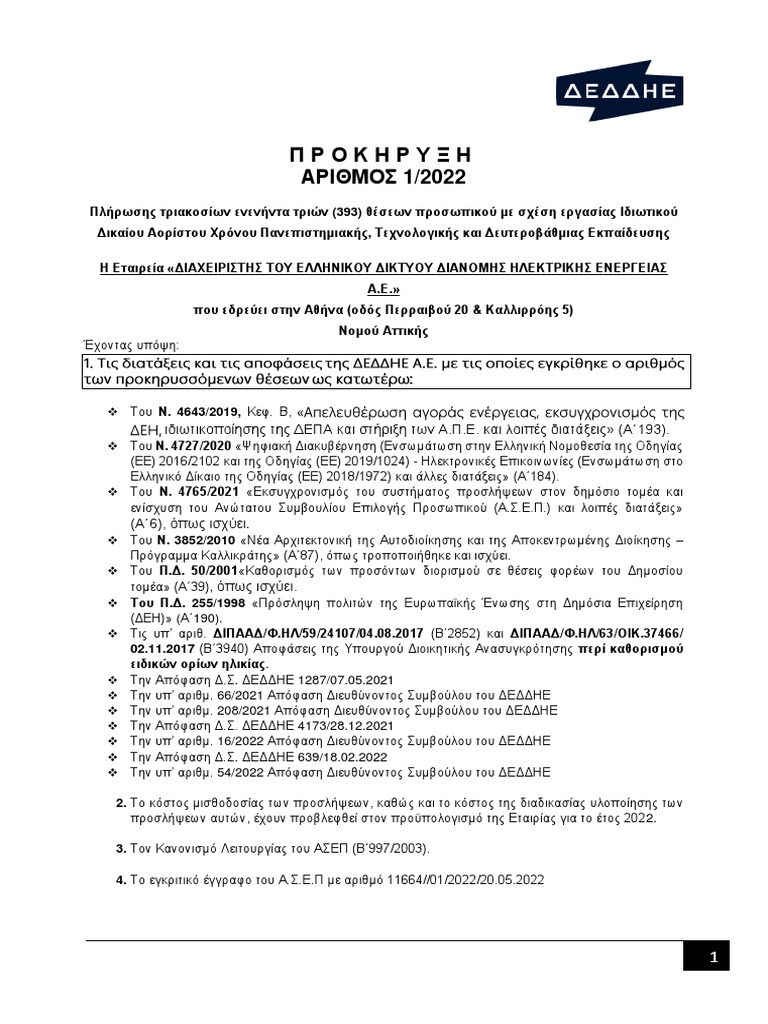 προκηρυξη δεδδηε 1 - 2022 final για δημοσιευση | PDF