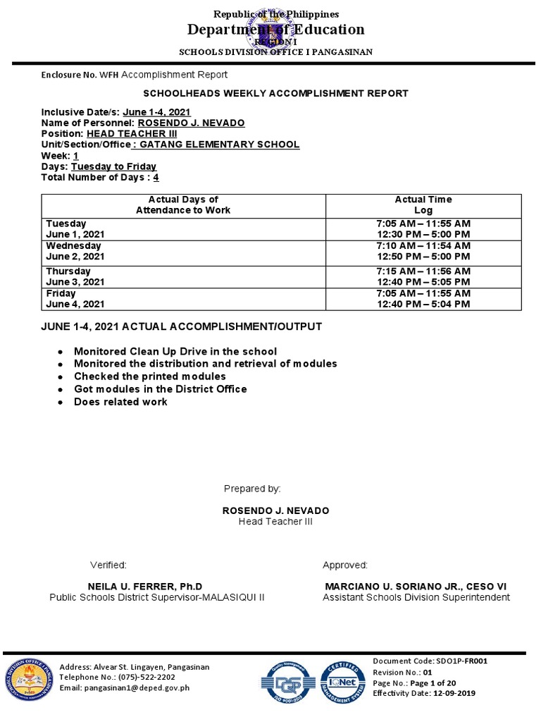 Weekly Accomplishment Reports 2021 | PDF