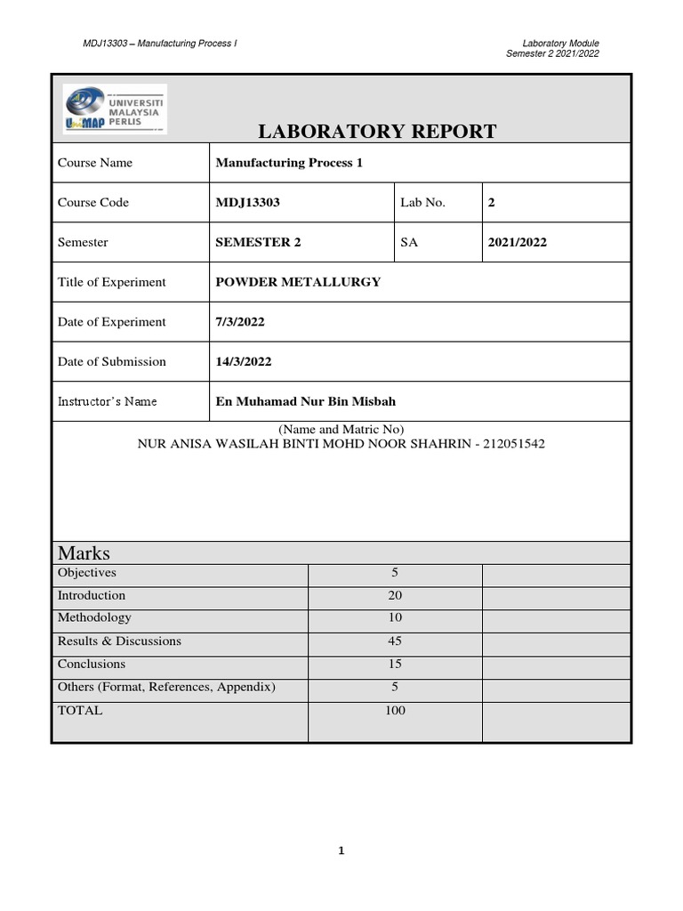 Lab 2 - POWDER METALLURGY LABORATORY | PDF | Sintering | Chemical ...