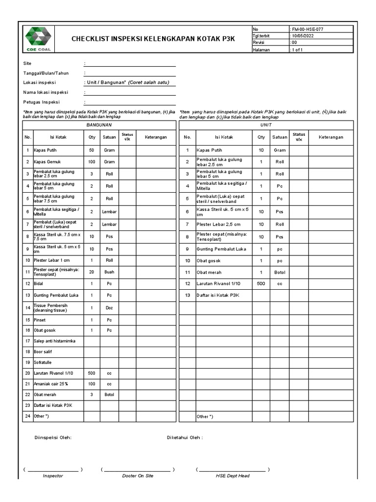 FM-00-SHE-077 Checklist Inspeksi Kotak P3K | PDF