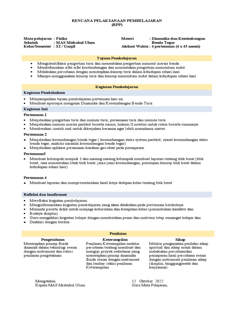 RPP Kelas Xi (Dinamika Dan Keseimbangan Benda Tegar) | PDF | Karier & Perkembangan