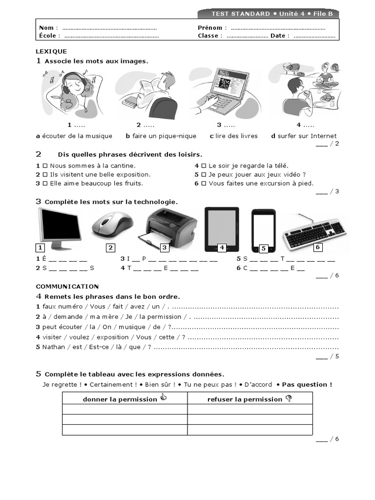 Test Standard Unité 4 - Loisirs et Technologie | PDF | Linguistique