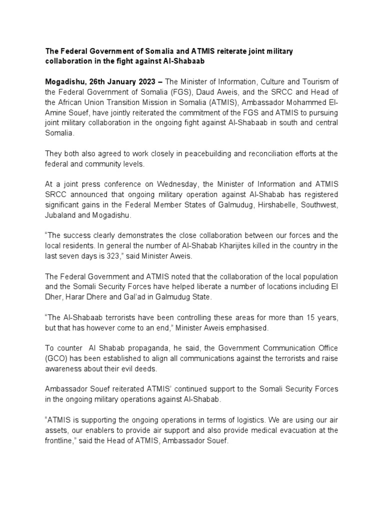 The Federal Government of Somalia and ATMIS Reiterate Joint Military ...