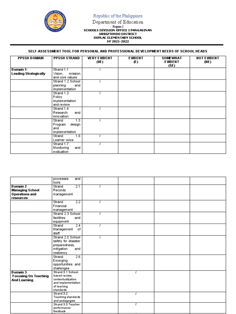 Self-Assessment Tool for School Heads | PDF | Emergency Management ...