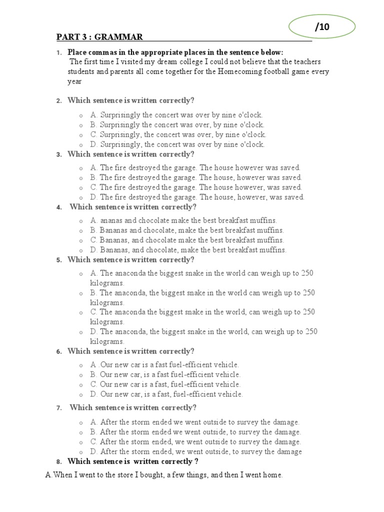 Grammar Test Commas | PDF