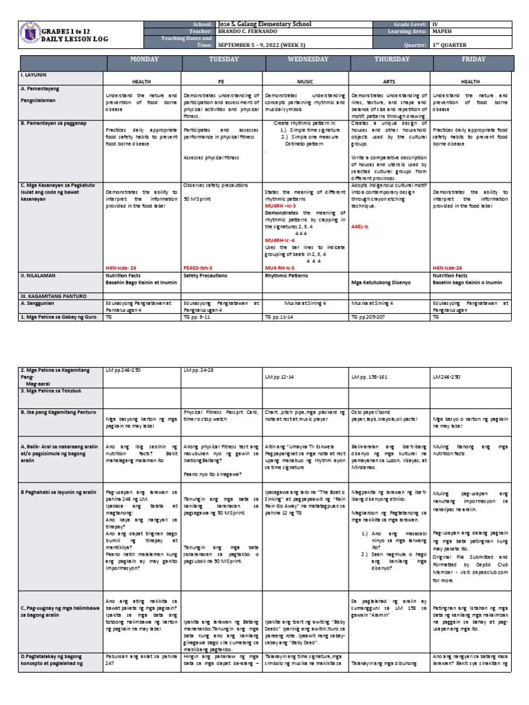 DLL - Mapeh 4 - Q1 - W3 | PDF | Cognitive Science | Cognition