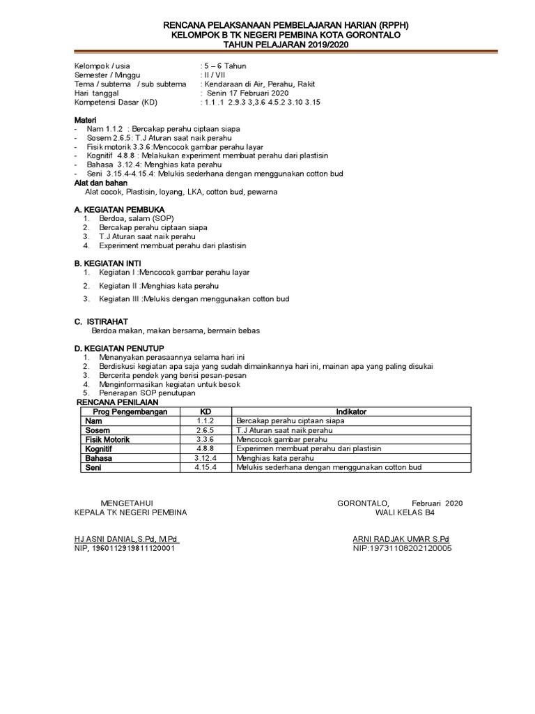 RPPH Tema Kendaraan di Air TK B | PDF