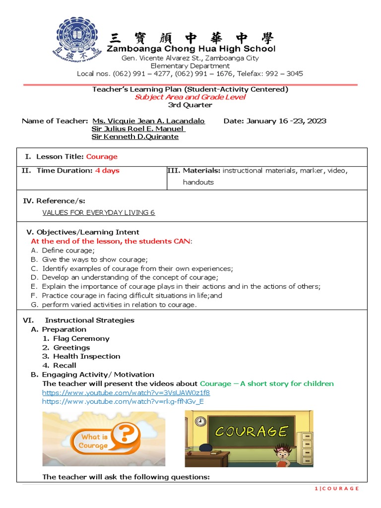 Courage Lesson Plan for 3rd Grade | PDF | Courage | Teachers