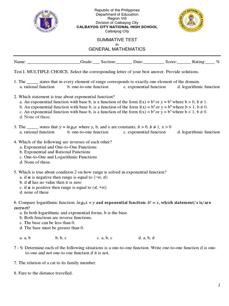 Summative Test 2nd Quarter | PDF | Function (Mathematics) | Exponential ...