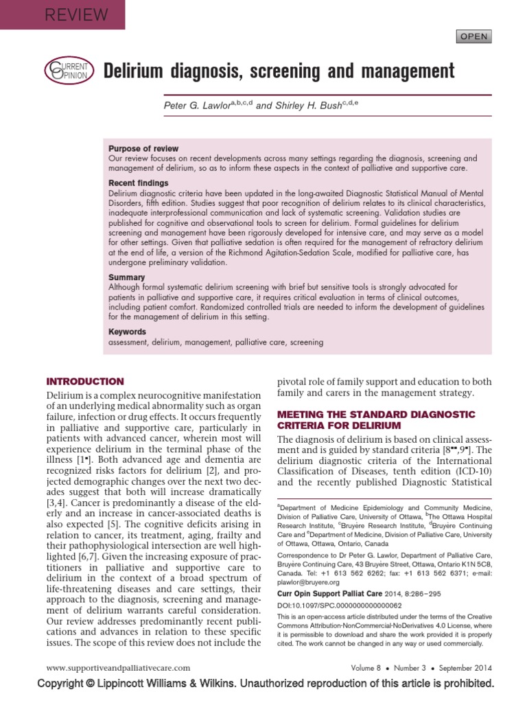 CURRENT OPINION Delirium Diagnosis, Screening and Management | PDF ...