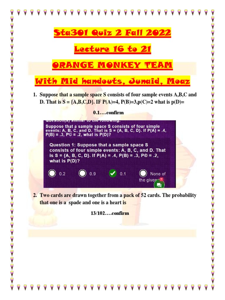 Sta301 Quiz 2 Fall 2022 | PDF | Probability | Probability And Statistics