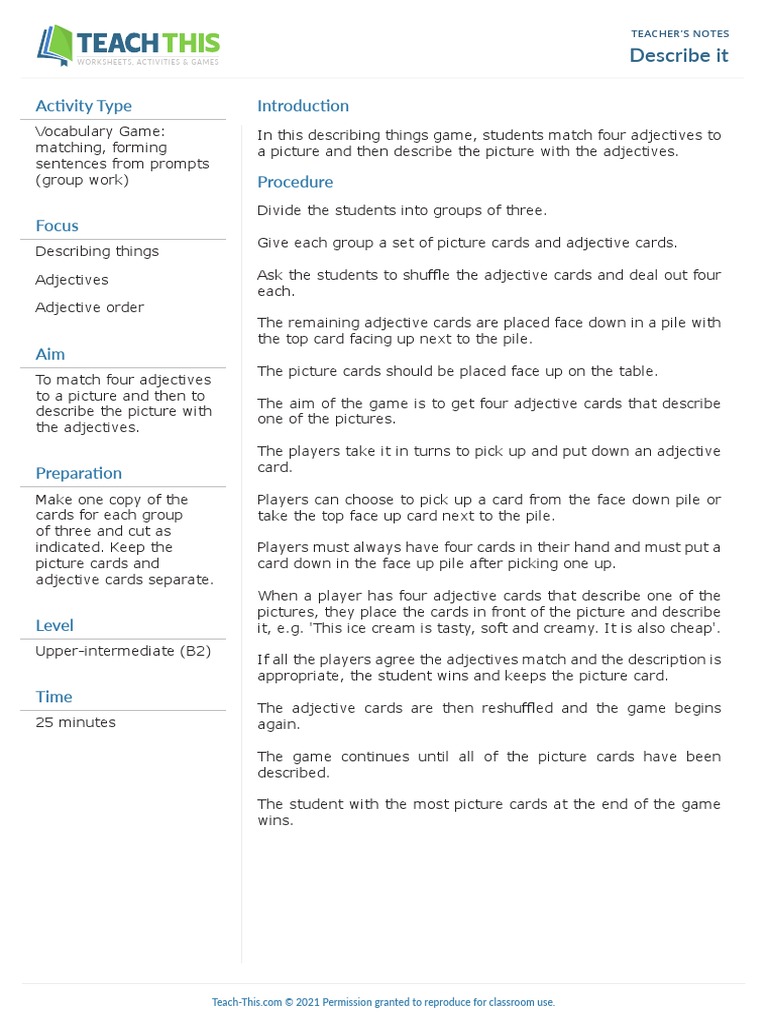 Describe It | PDF | Card Games | Games Of Chance