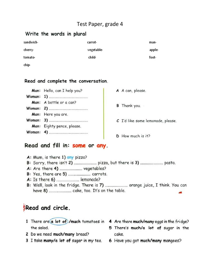 Test Paper grade 4 | PDF
