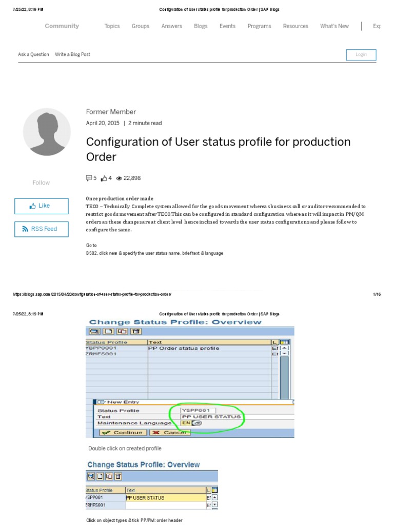 Configuration Of User Status Profile For Production Order Sap Blogs Download Free Pdf