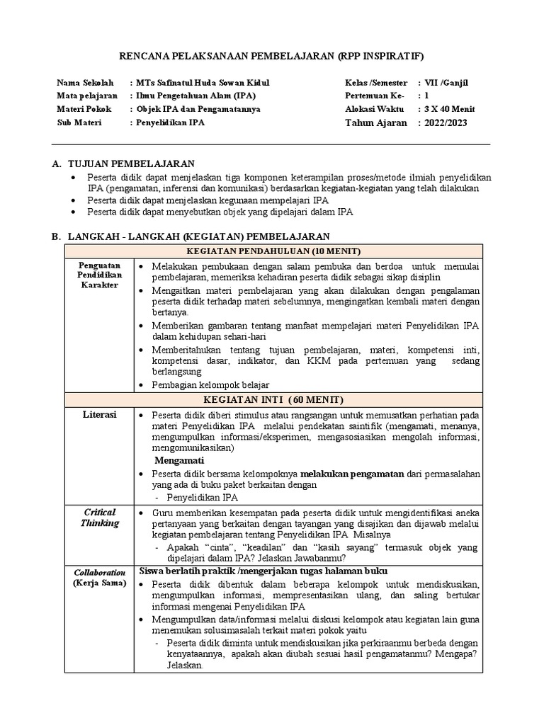 RPP IPA Materi Objek IPA Kelas VII Semester 1 Dan Pengamatannya | PDF | Seni