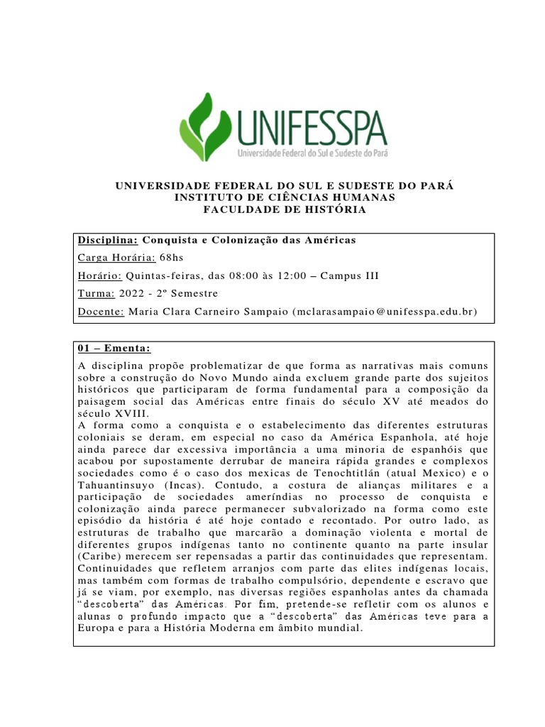 MCSCS - UNIFESSPA - 2022 - ConquistaColonizacao - PlanoDeAula | PDF ...