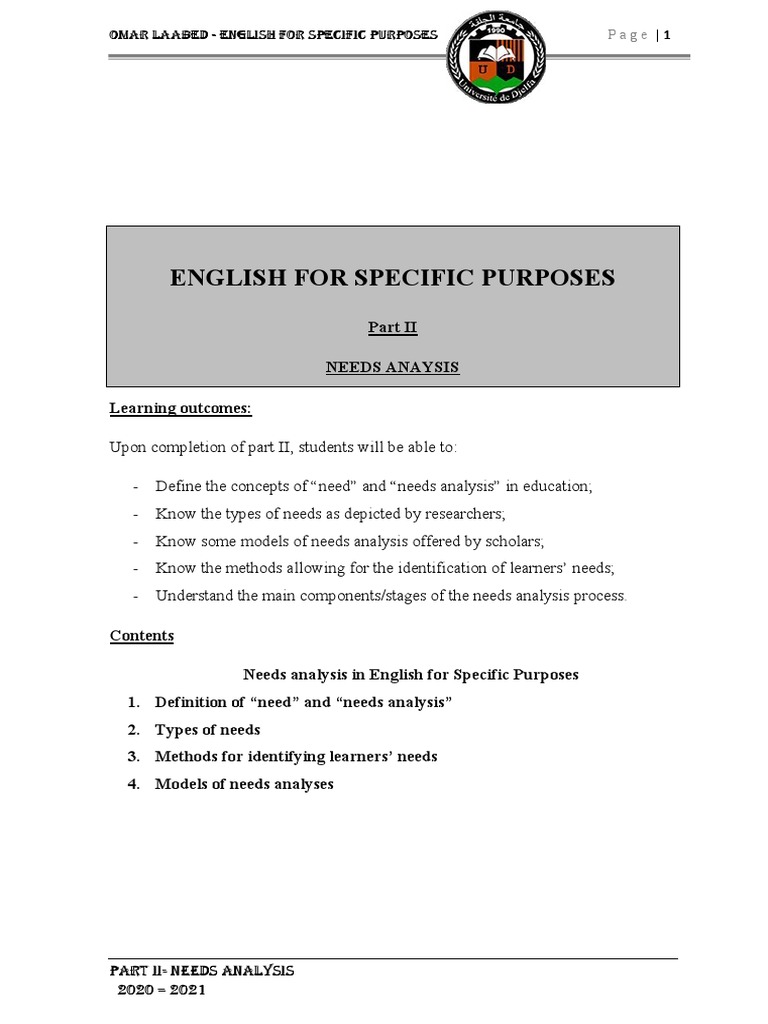 Needs Analysis in English for Specific Purposes | PDF | Learning ...