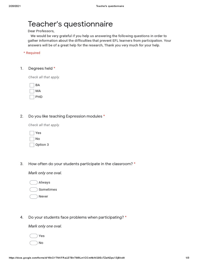 Teacher's Questionnaire - Google Forms Teaching Speaking | PDF ...