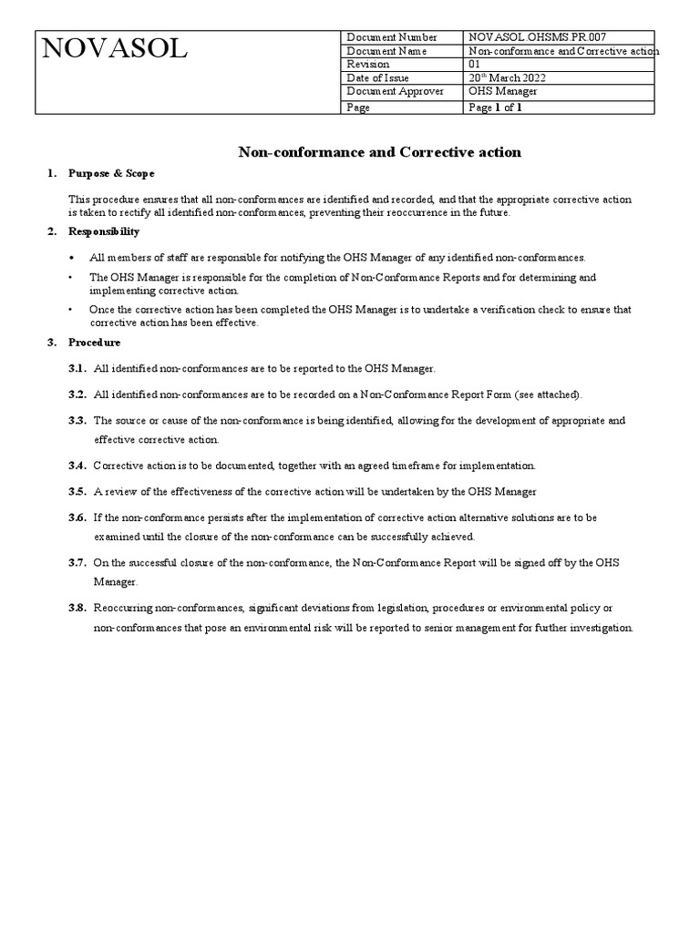 NOVASOL - Ohsms.pr.006 Non Conformance and Corrective Action | PDF