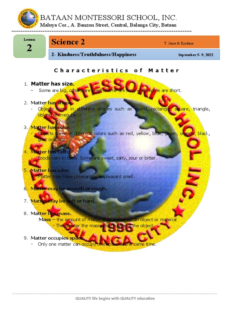 Lesson 2 Science2 | PDF | Taste | Matter