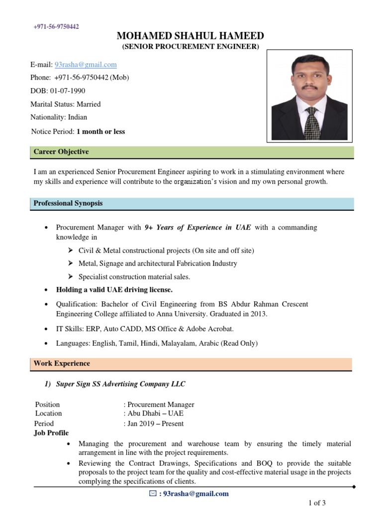 Shahul Procurement Engineer Resume | PDF | Procurement | United Arab ...