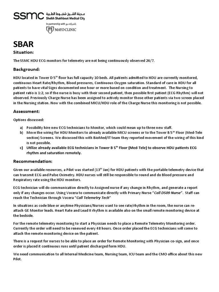 SBAR - HDU Remote ECG Monitoring | PDF | Monitoring (Medicine ...