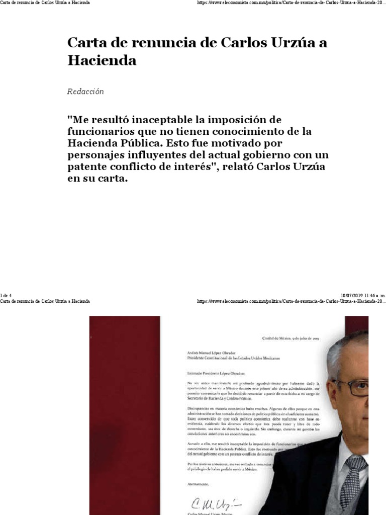 Carta de Renuncia de Carlos Urzúa A Hacienda | PDF | México | Gobierno Carta de Renuncia de Carlos Urzúa A Hacienda | PDF | México | Gobierno