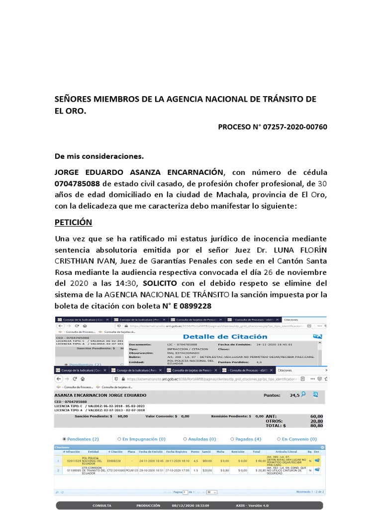 Escrito Solicitando Se Elimine Del Sistema Ant Las Multas de Tránsito | PDF