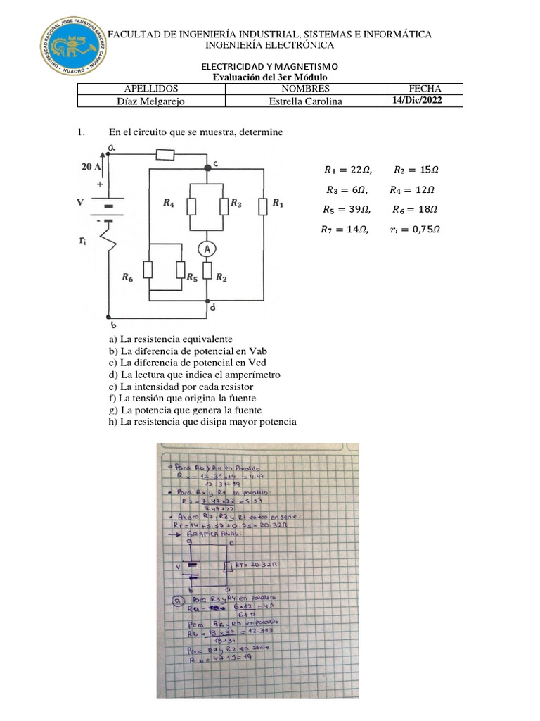 EXAMEN DEL3er MODULO. | PDF | Resistencia Eléctrica y Conductancia | voltaje