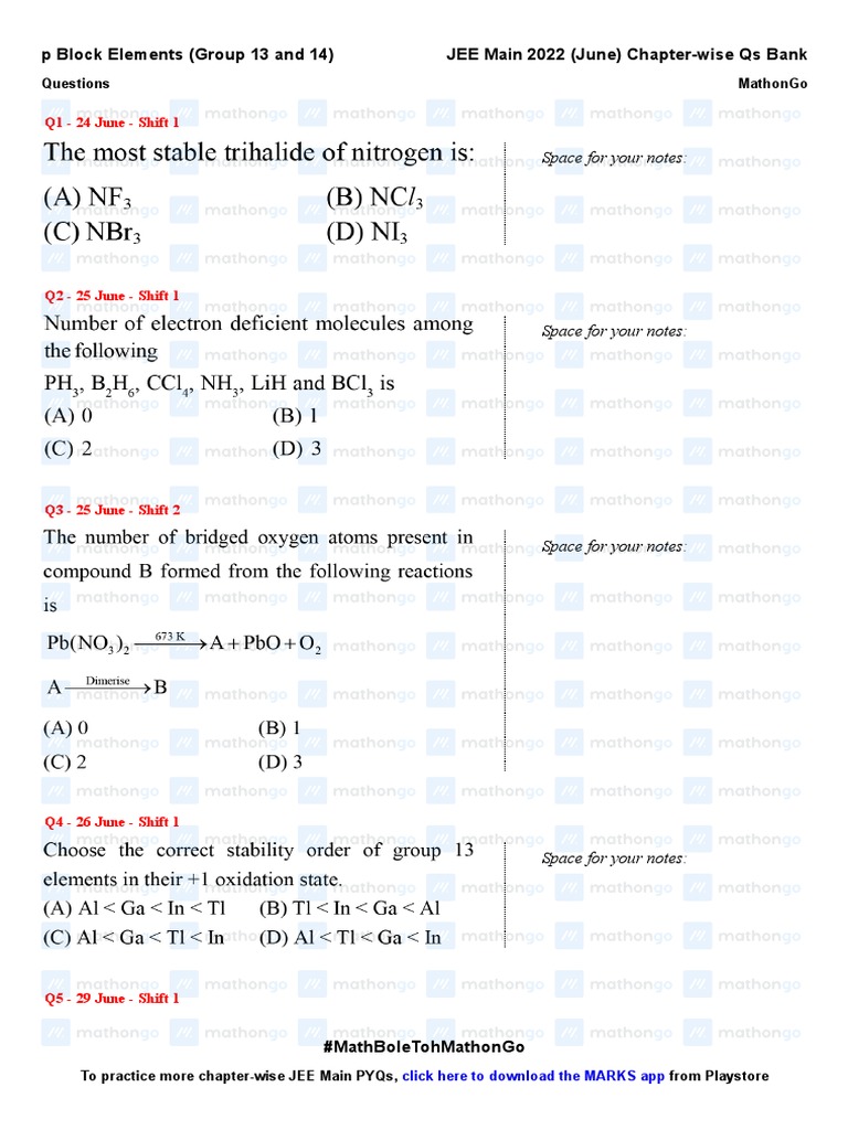 P Block Elements (Group 13 and 14) - JEE Main 2022 Chapter Wise ...