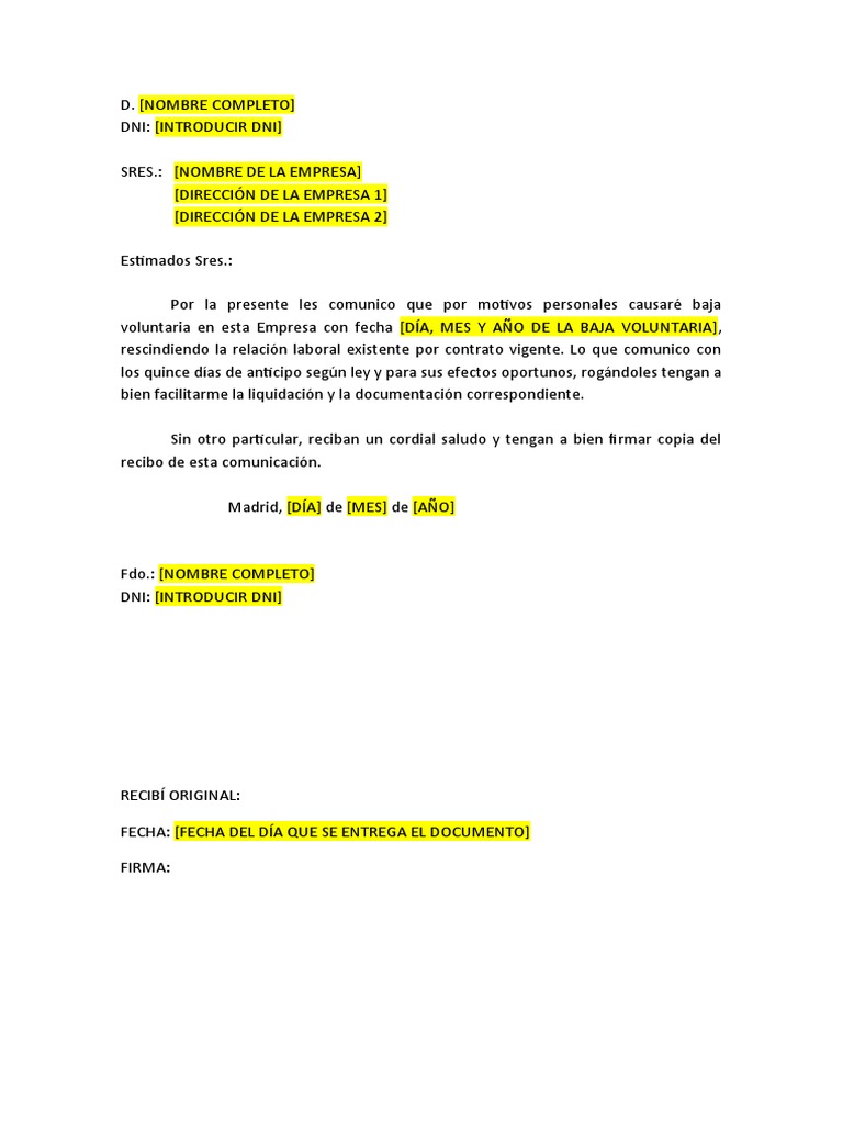 Carta de Baja Voluntaria (Modelo) | PDF