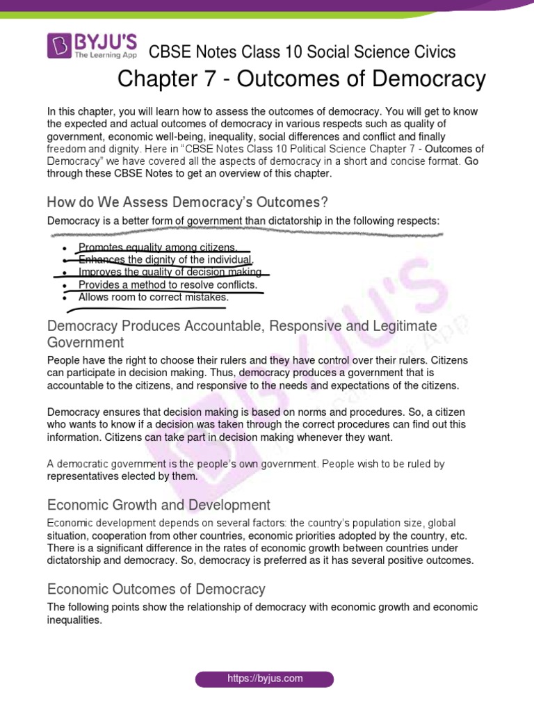 CBSE Notes Class 10 Social Science Civics Chapter 7 Outcomes of ...