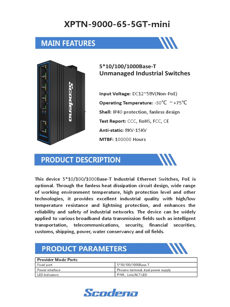 XPTN-9000-65-5GT-mini: Unmanaged Industrial Switches | PDF | Network Topology | Network Switch