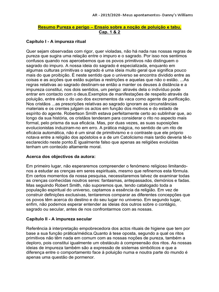 Resumo - Pureza e Perigo - Ensaio Sobre A Noção de Poluição e Tabu. Cap ...