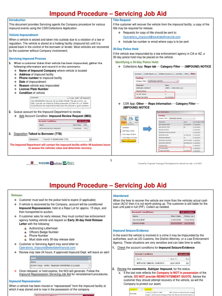Impound Procedure - SVCG JA - v.1.27.2021 - FINAL | PDF | Repossession