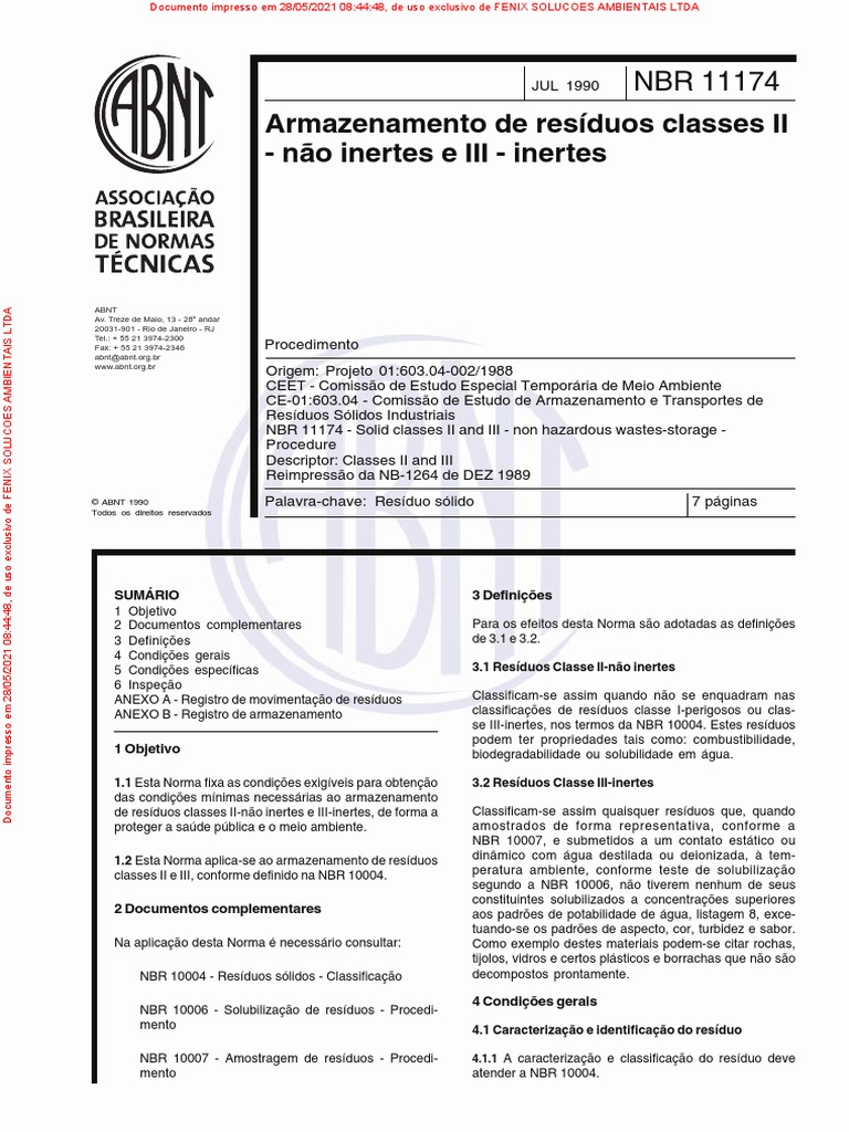 NBR - 11174 - Armazenamento de Resíduos Classe II III | PDF ...