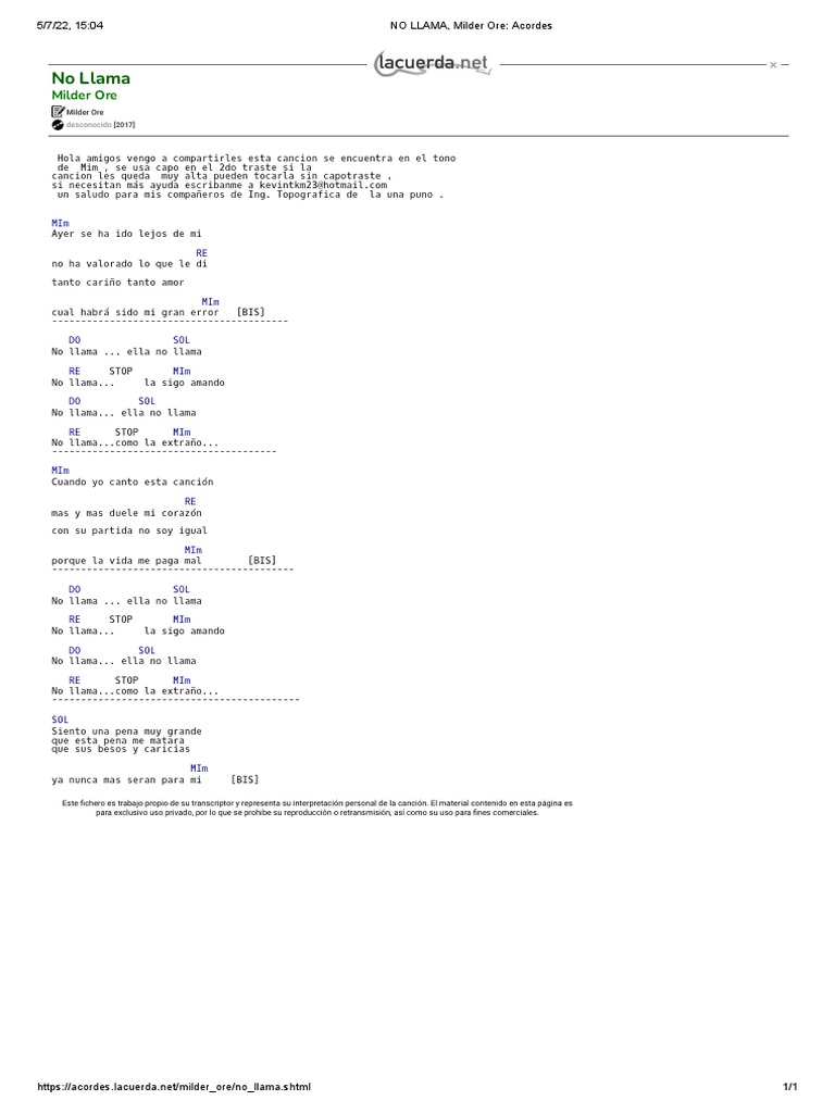 Acordes de "No Llama" de Milder Ore | PDF
