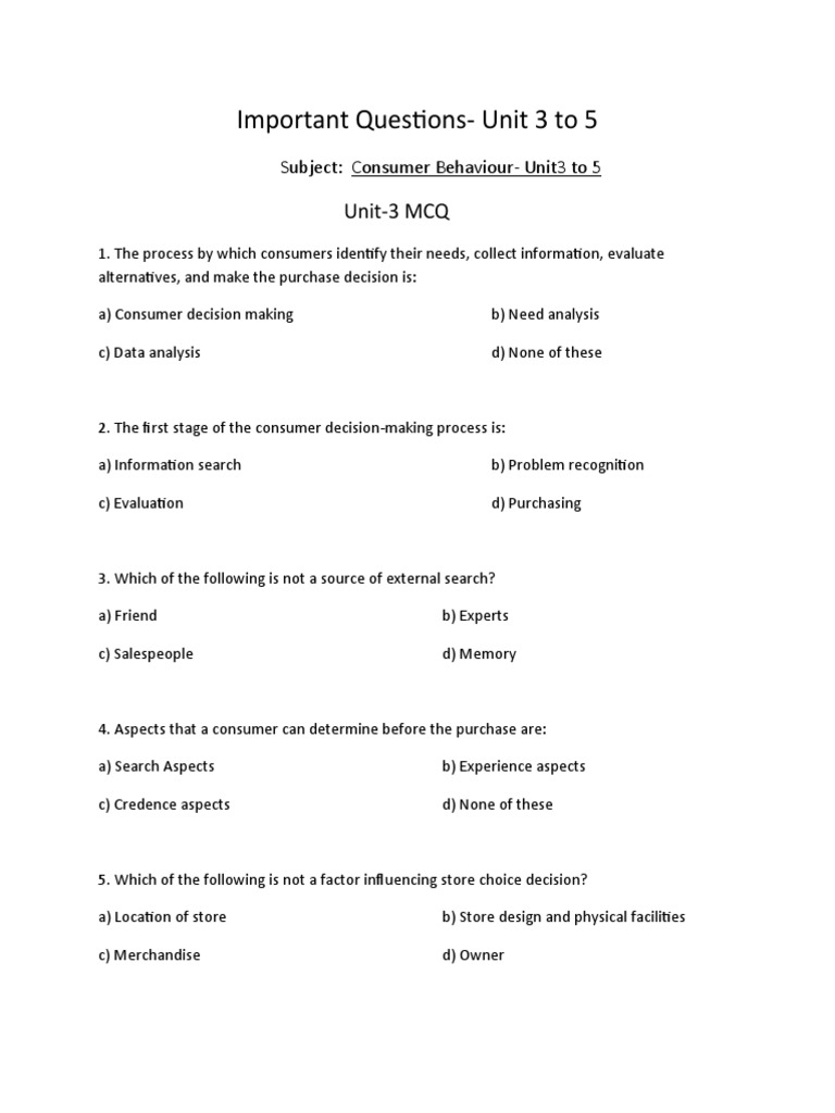 Consumer Behavior MCQs and Questions | PDF | Consumer Behaviour | Behavior