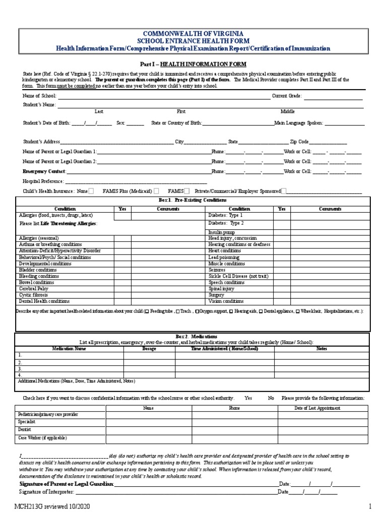 Virginia School Entrance Health Form | PDF | Vaccines | Diseases And ...