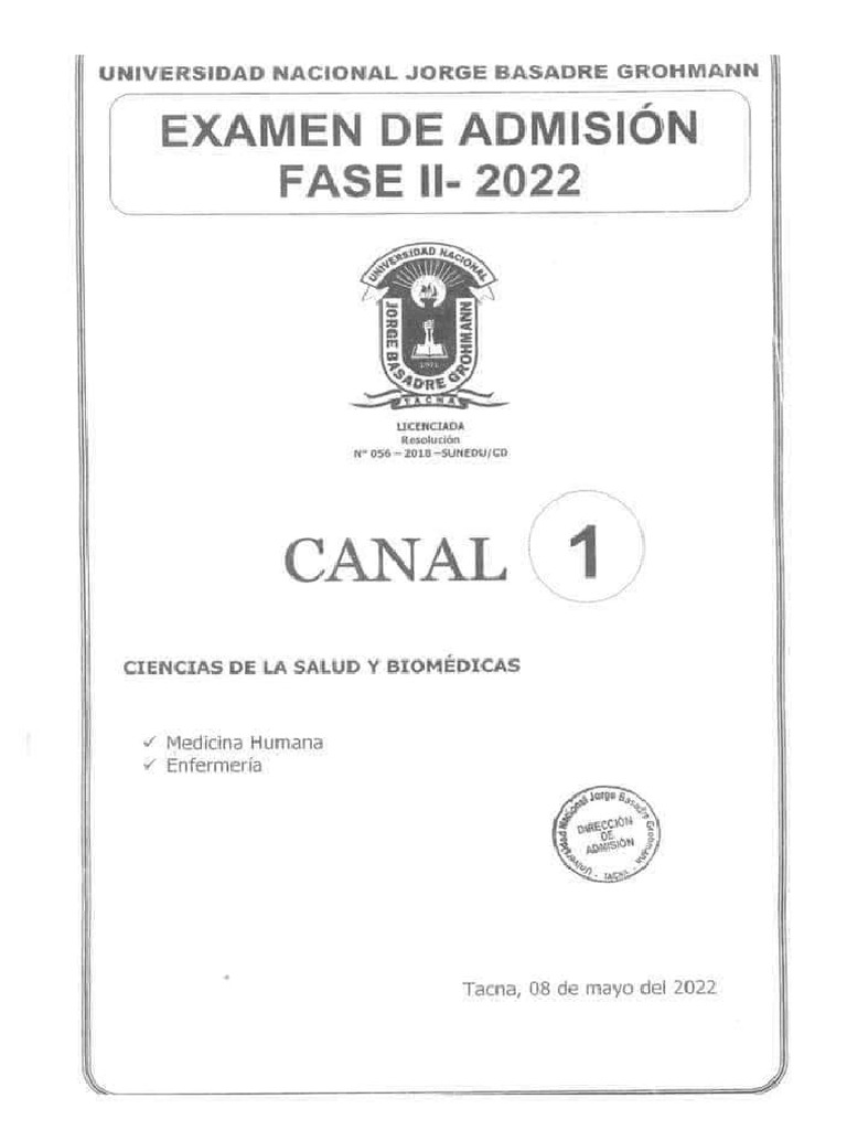 ??examen de Admisión Fase Ii-2022 de La Universidad Nacional Jorge Basadre Grohmamn Canal 108.05 ...